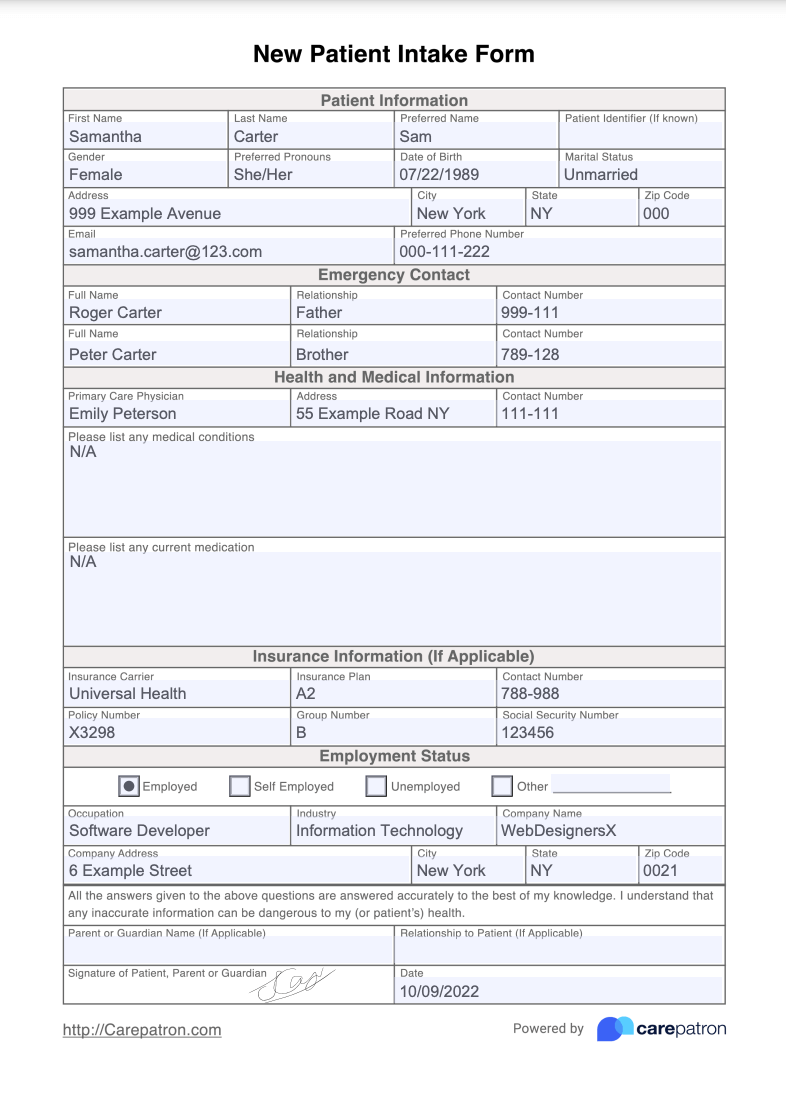 New Patient Intake Form Template Free PDF Download
